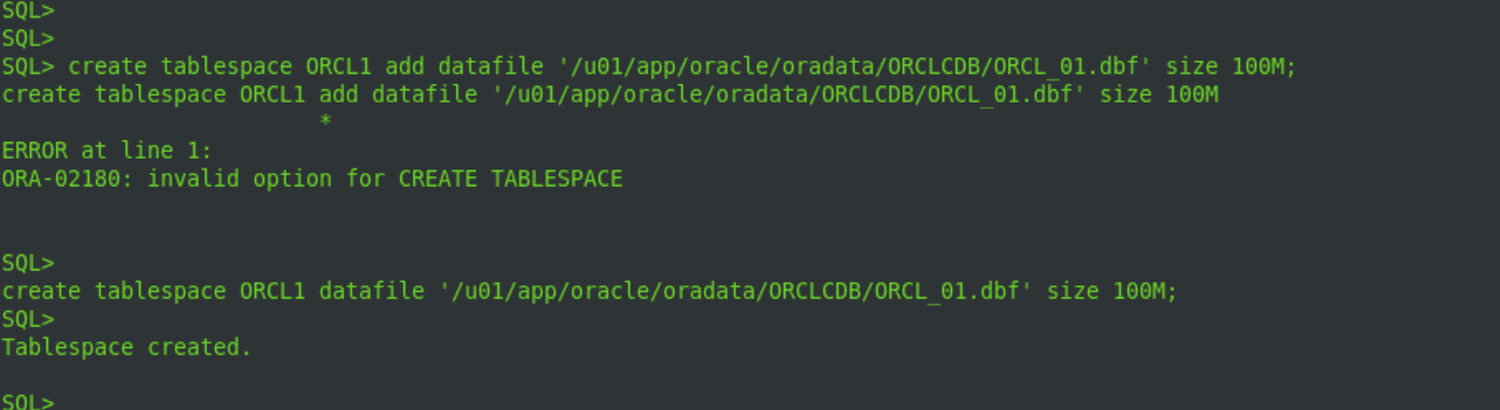 Resolve ORA-02180: Invalid Option For CREATE TABLESPACE